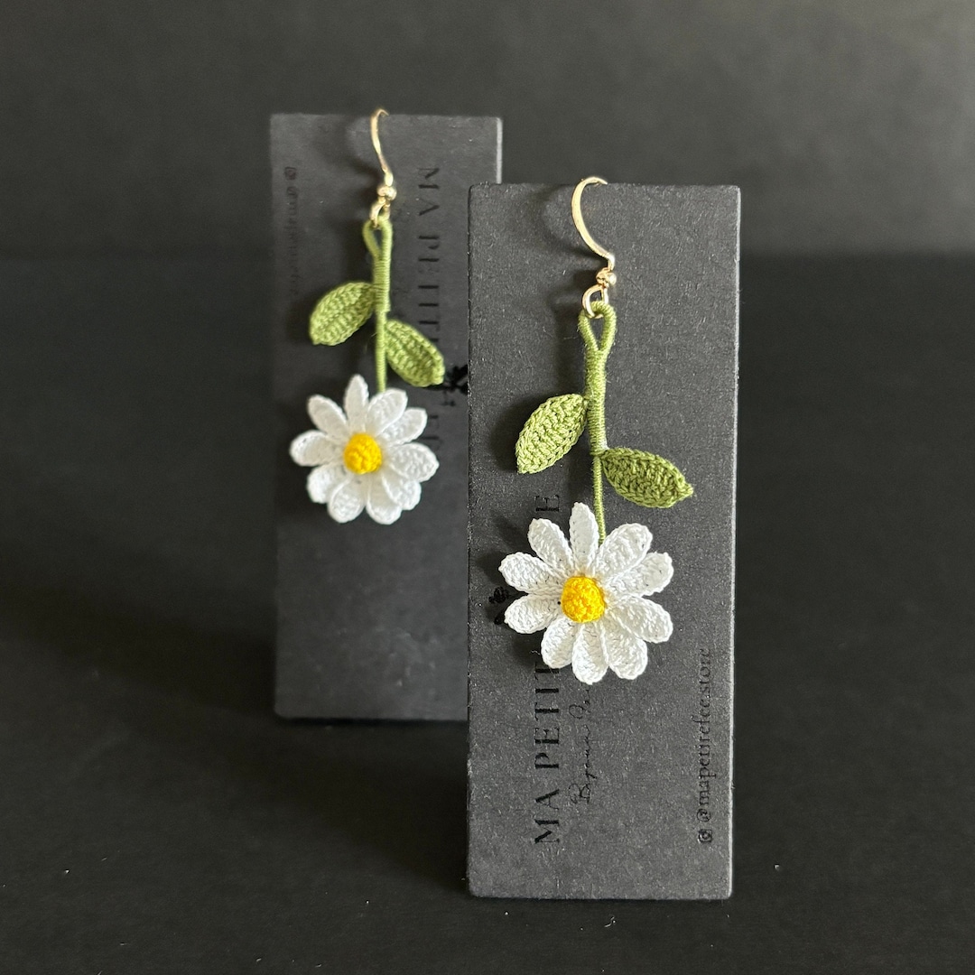 Micro Crochet Daisy Earrings, Handmade White Daisy Flower Jewelry for ...