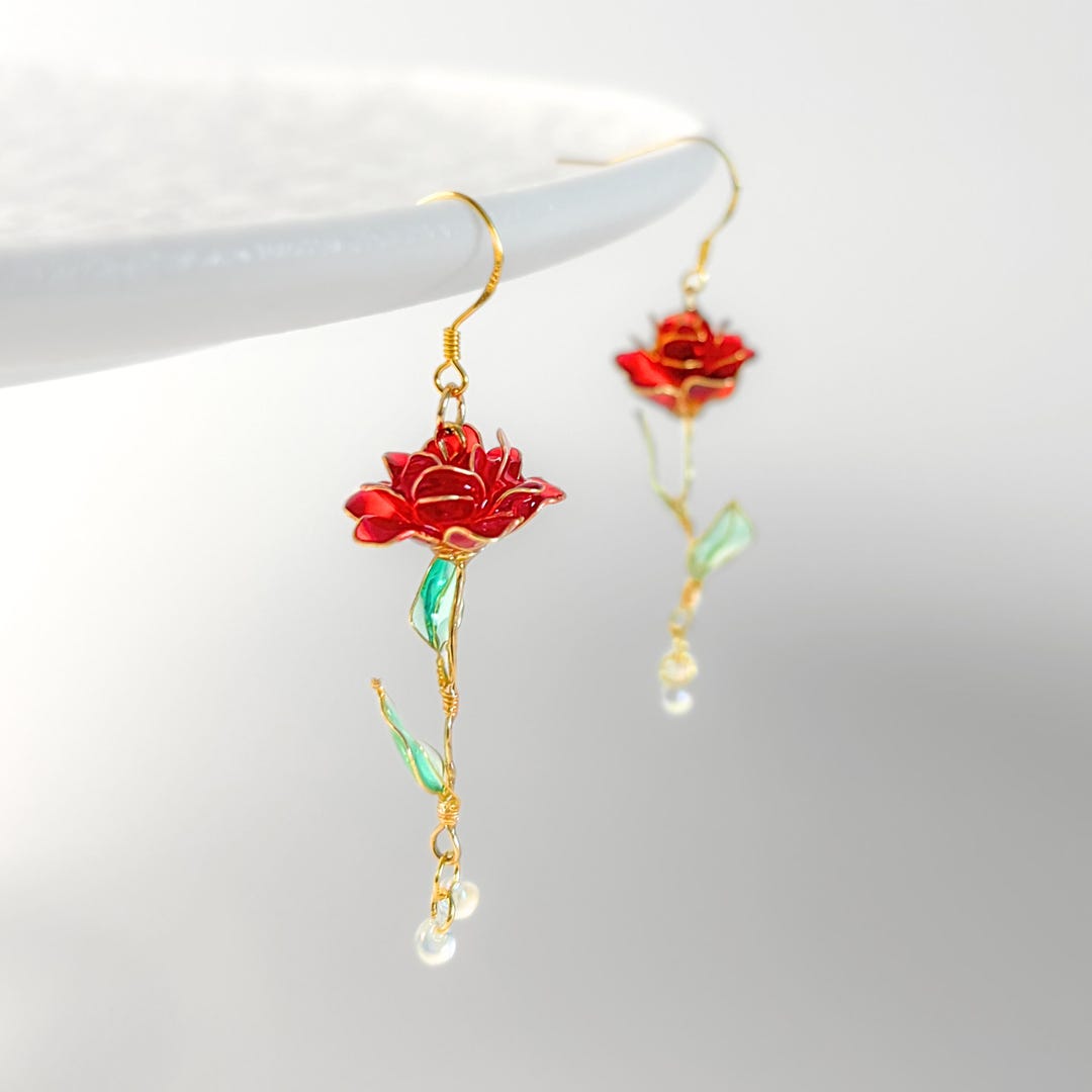 Red Rose Drop Earrings Resin Floral Jewelry Pearl Flower Dangle ...
