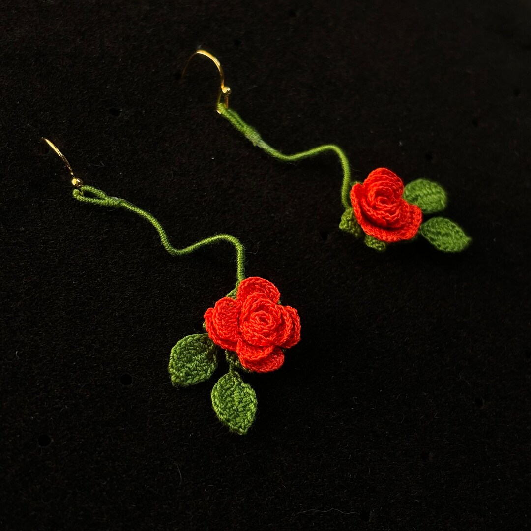 Red Rose Crochet Statement Earrings for Her Micro Crochet Mismatch Long ...