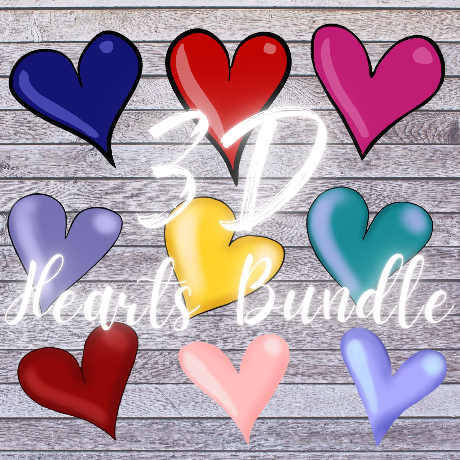 3D Hearts Clipart Bundle, Pop Art Hearts, Painted Hearts, Hand Drawn ...