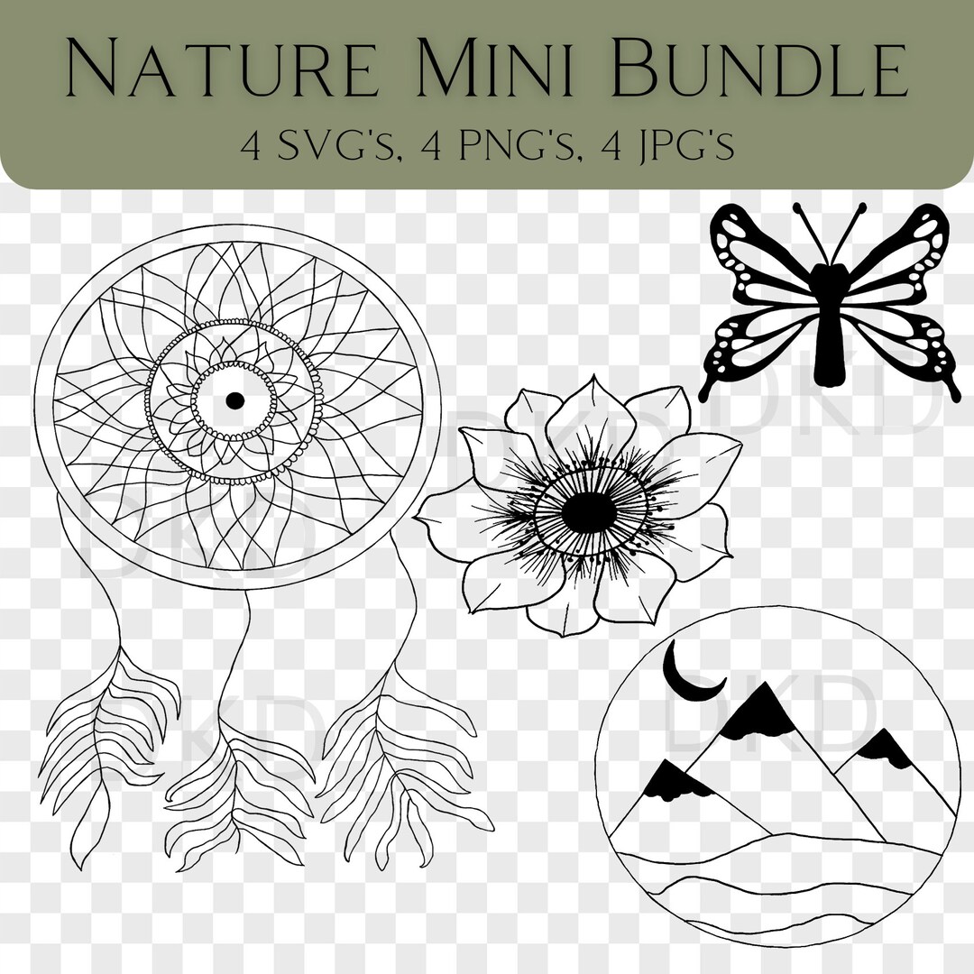 Nature SVG & PNG Bundle, 4 Designs, Hand Drawn Line Art, Engraving SVG ...