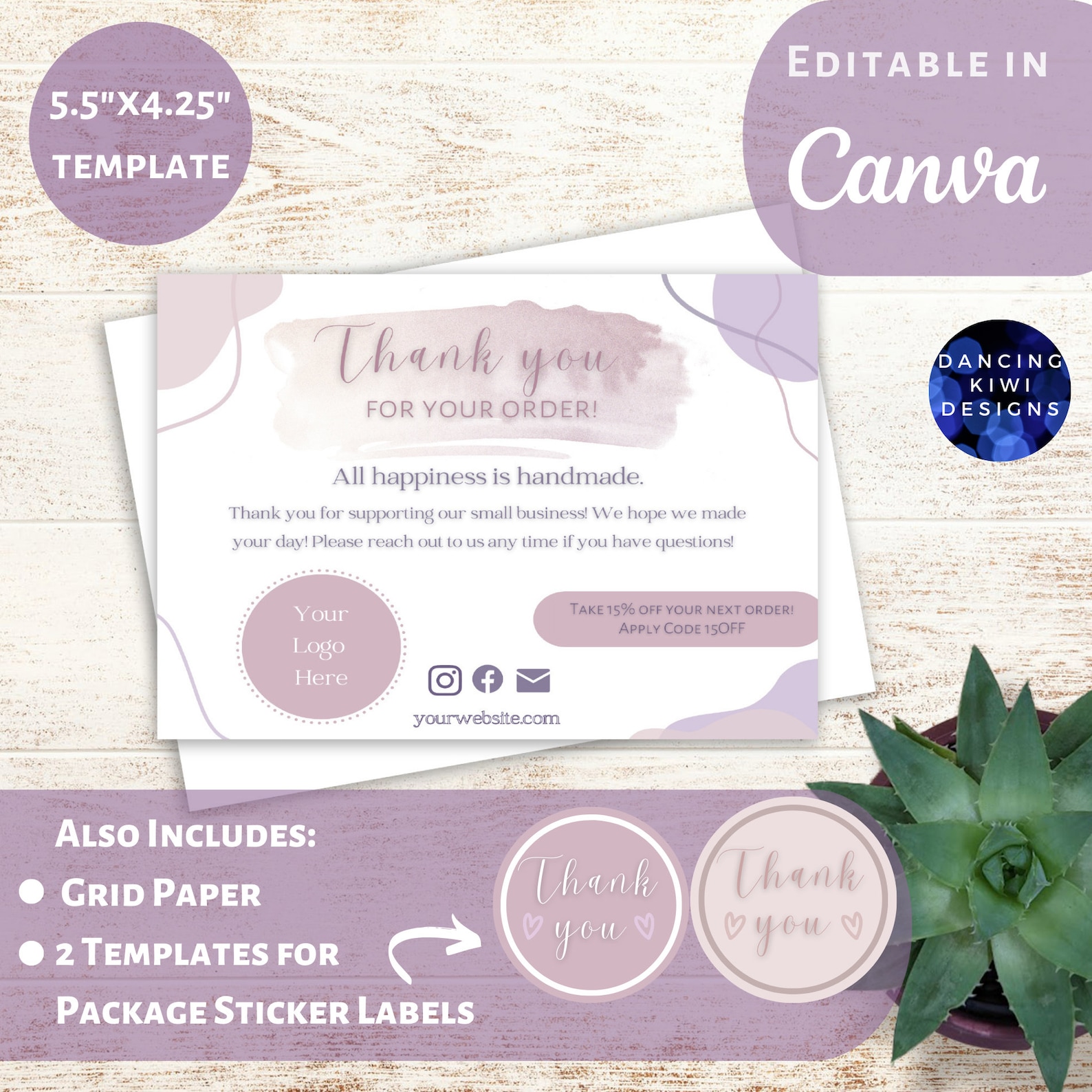 Editable Business Thank You Card and Sticker Template, ADD LOGO, Modern ...