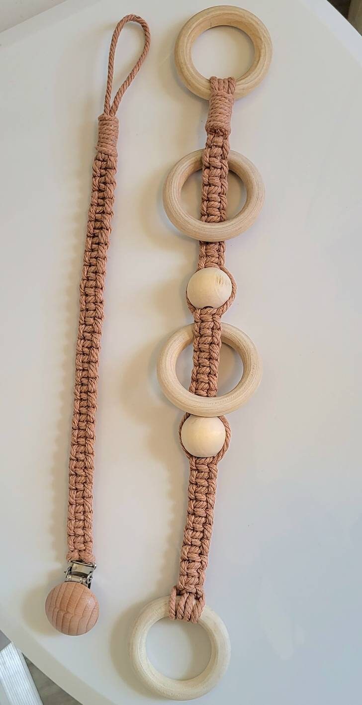 Natural Baby Gift Set, Macrame Pacifier Clip and Baby Rattle, Organic ...