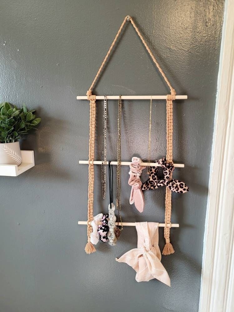 Macrame Ladder Storage Jewelry, Scrunchie, Headbands, Sunglasses, Bow ...