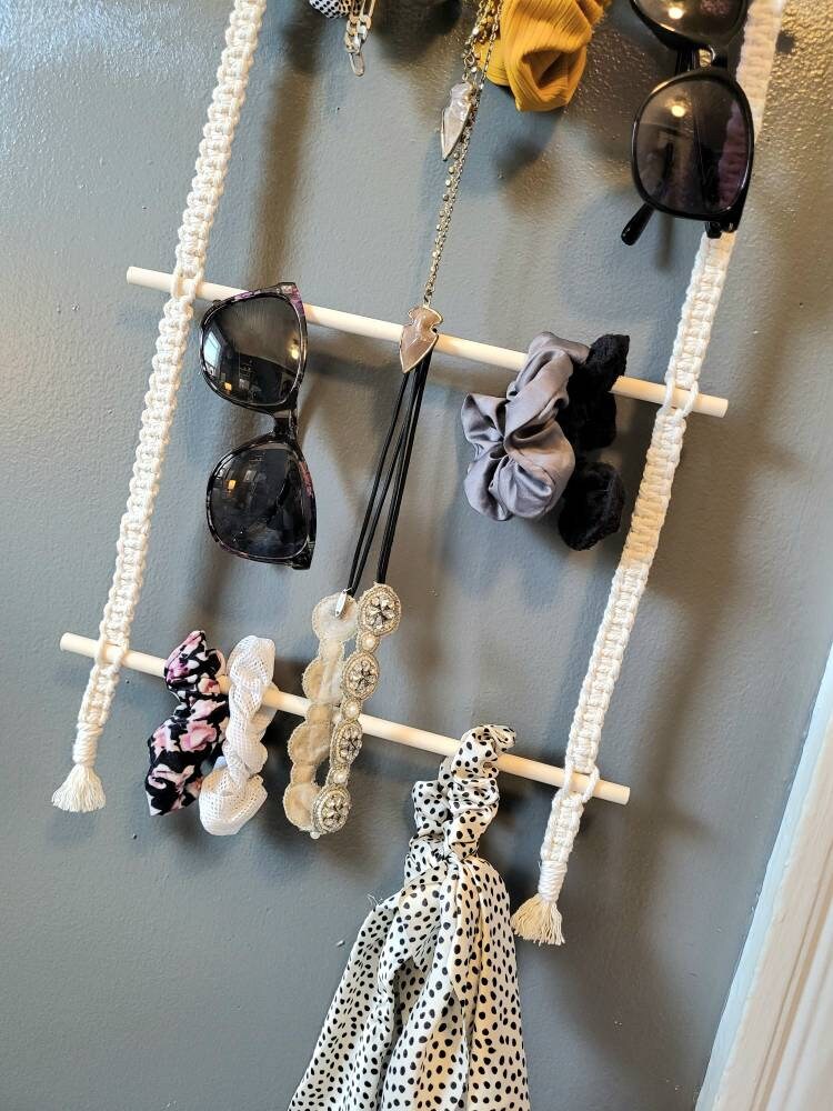 Macrame Ladder Storage Jewelry, Scrunchie, Headbands, Sunglasses, Bow ...