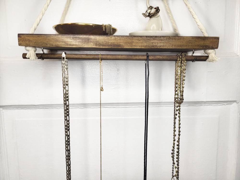 Wooden Jewelry Shelf Organizer, Rope Hanging Shelf With Necklace Hanger ...