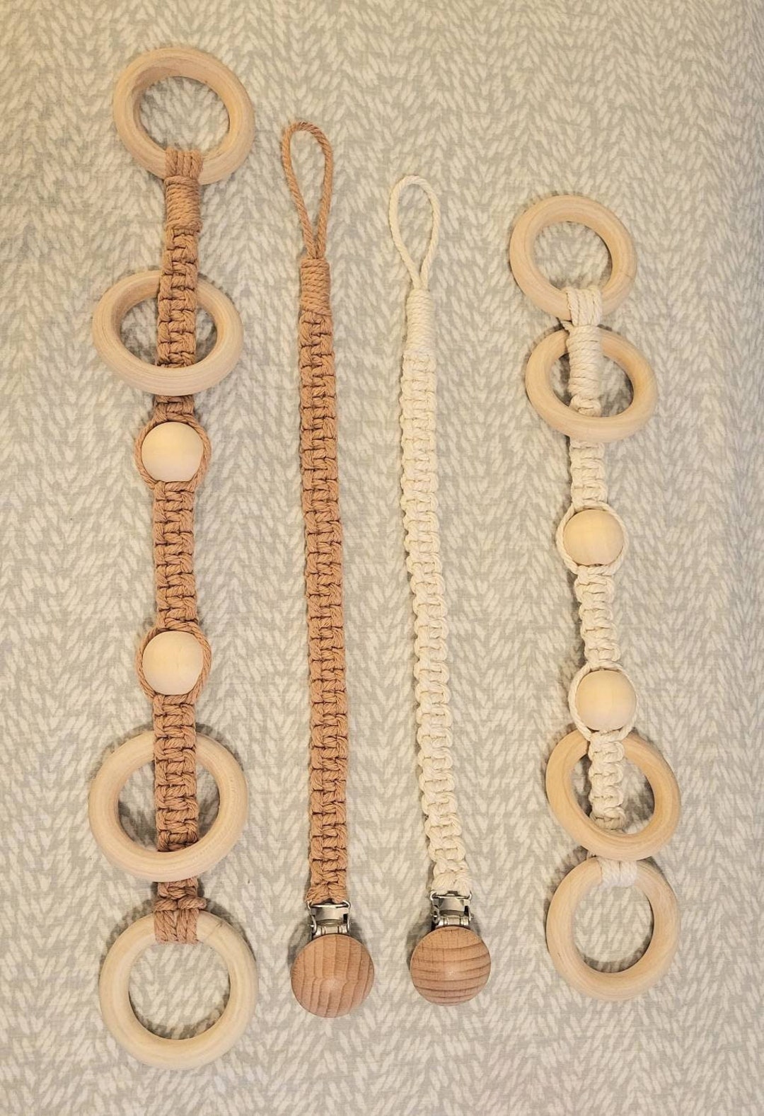 Natural Baby Gift Set, Macrame Pacifier Clip and Baby Rattle, Organic ...