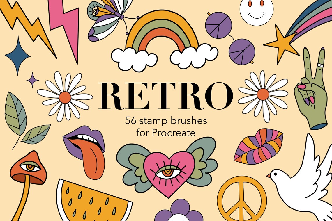 Groovy Retro Stamp Brushes Procreate | Digital Brush Set | Groovy ...
