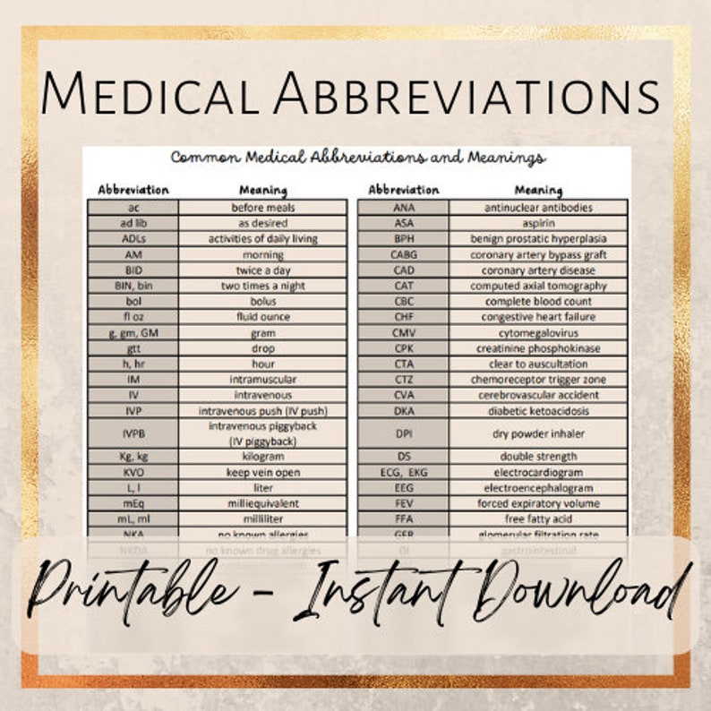 Common Medical Abbreviations & Meanings Cheat Sheet - Etsy Common Medical Abbreviations & Meanings Cheat Sheet - Etsy
