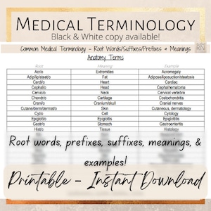 Medical Terminology Roots, Prefixes, Suffixes Meanings Cheat Sheet - Etsy