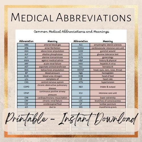 Common Medical Abbreviations & Meanings Cheat Sheet - Etsy