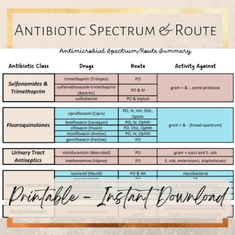 Antibiotic Spectrum & Route Cheat Sheet - Etsy