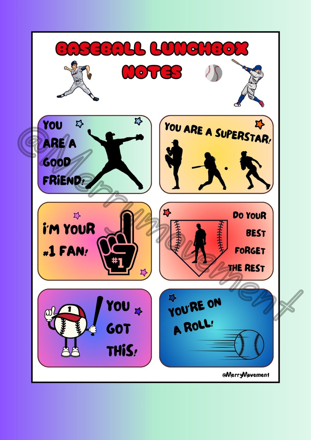 48pcs Baseball Lunchbox Notes| 24 Printable Colorful Cards With B&W ...