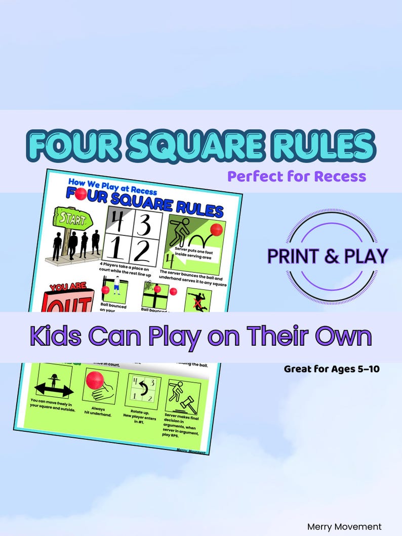 Four Square Rules Poster for Recess | PE Game Sign for Kids ...