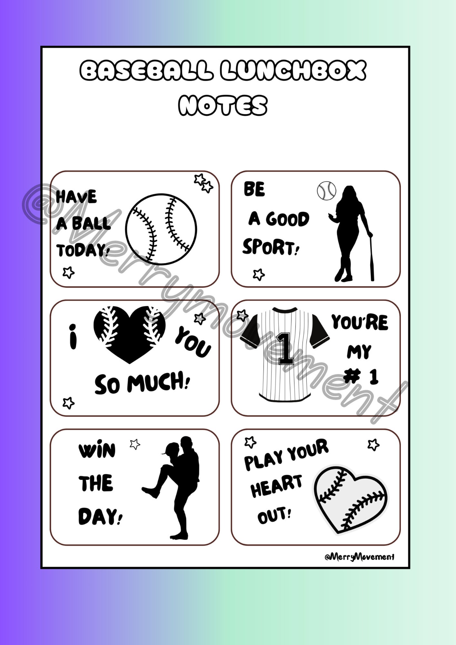 48pcs Baseball Lunchbox Notes| 24 Printable Colorful Cards With B&W ...