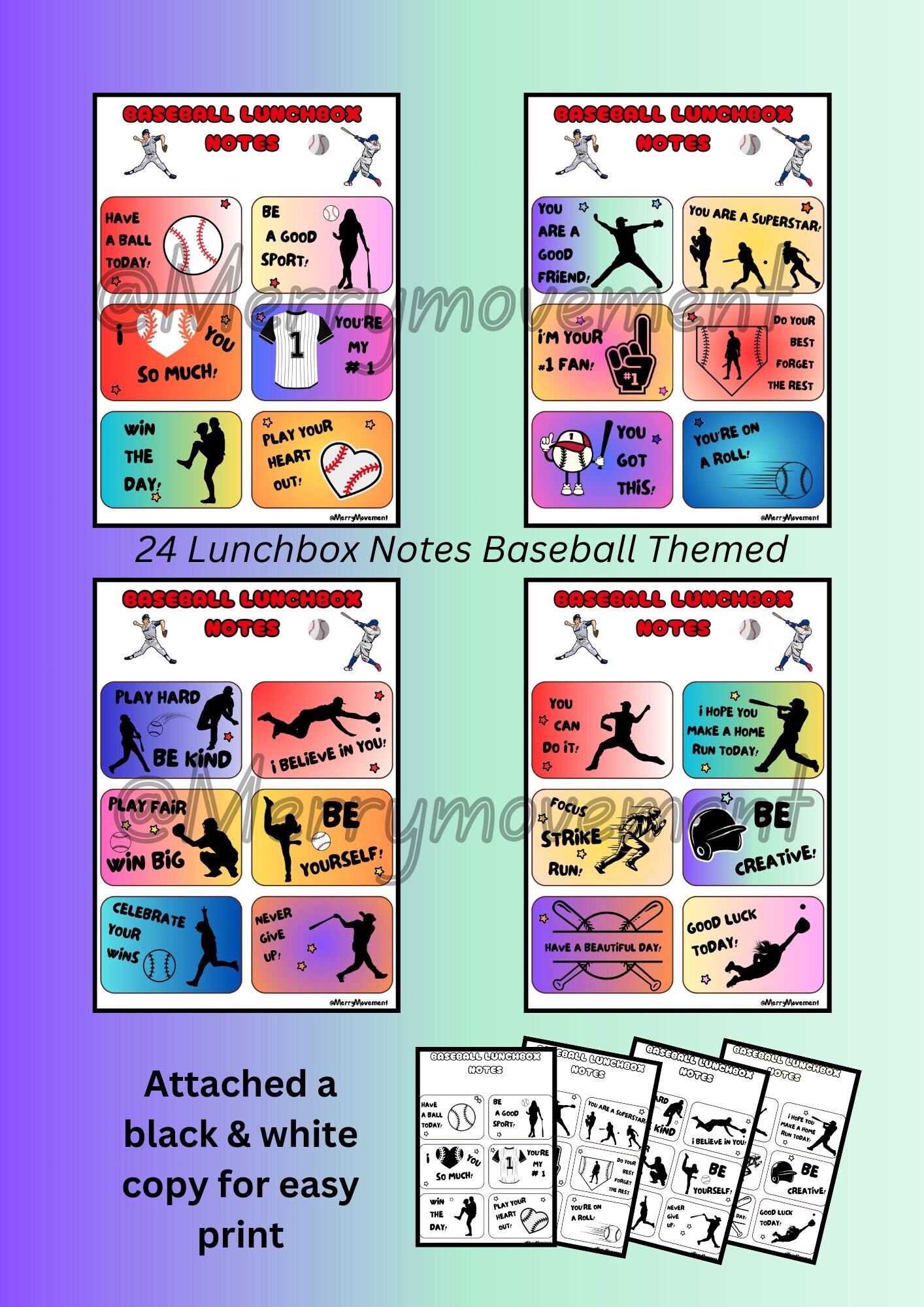 48pcs Baseball Lunchbox Notes| 24 Printable Colorful Cards With B&W ...