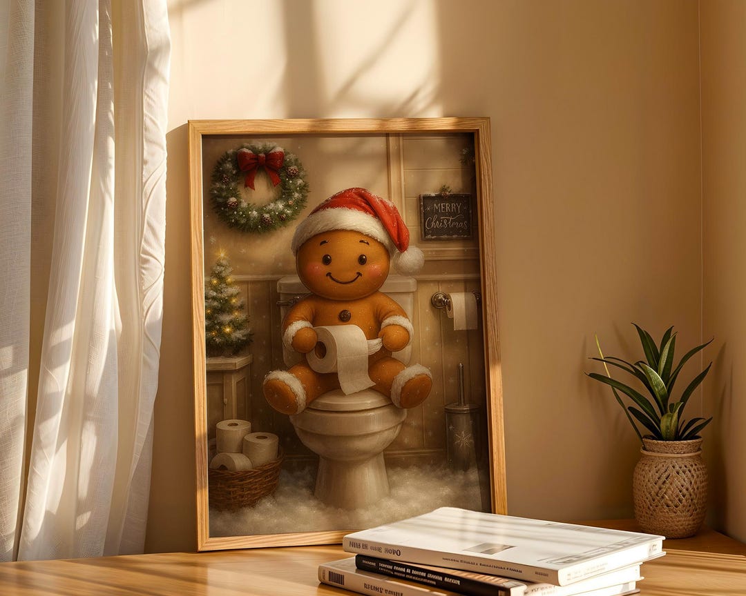Gingerbread Man on Toilet Print, Funny Christmas Bathroom Art (digital ...