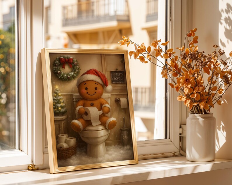 Gingerbread Man on Toilet Print, Funny Christmas Bathroom Art (digital ...