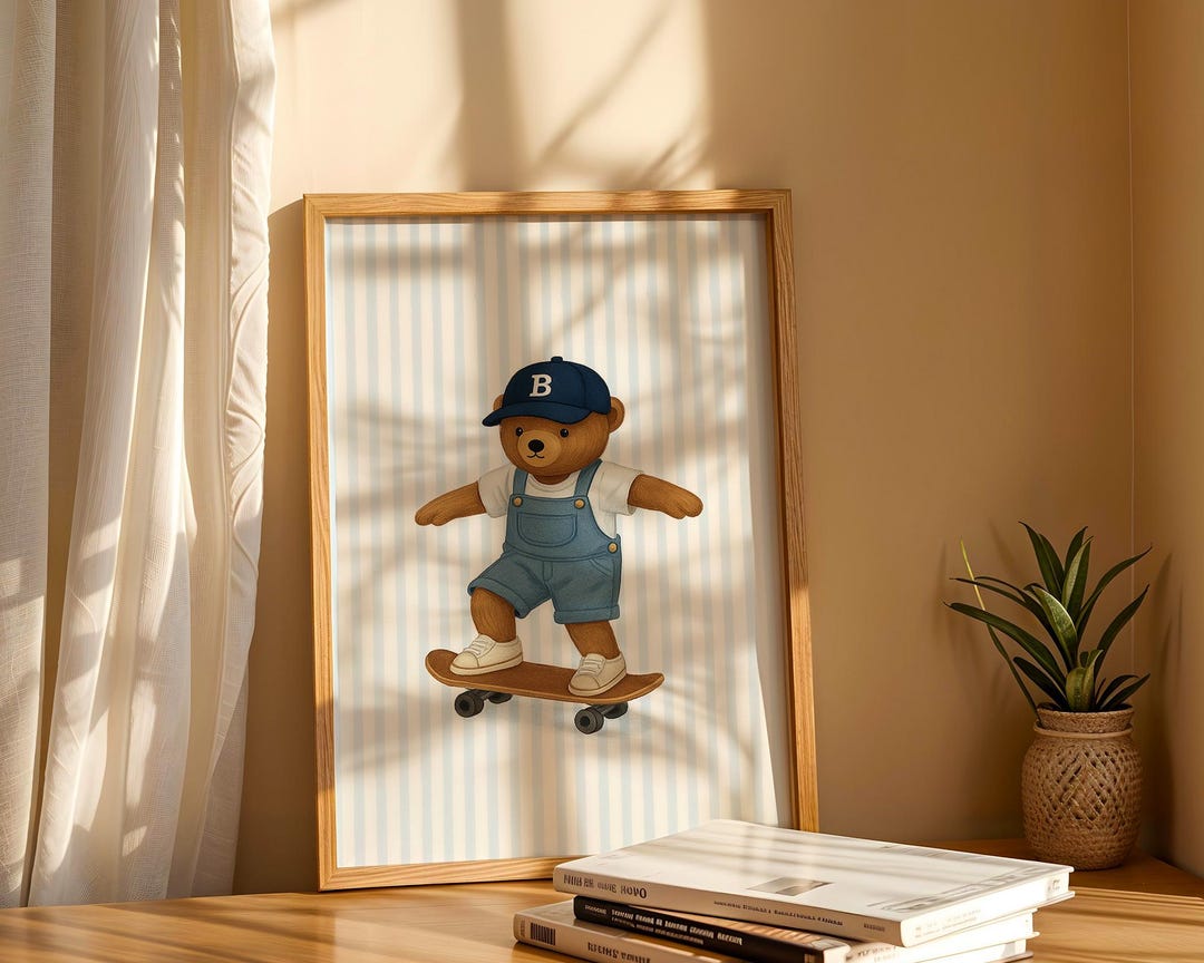 Skateboarding Bear, Preppy Bear Art, Trendy Art Print, Nursery Wall Art ...