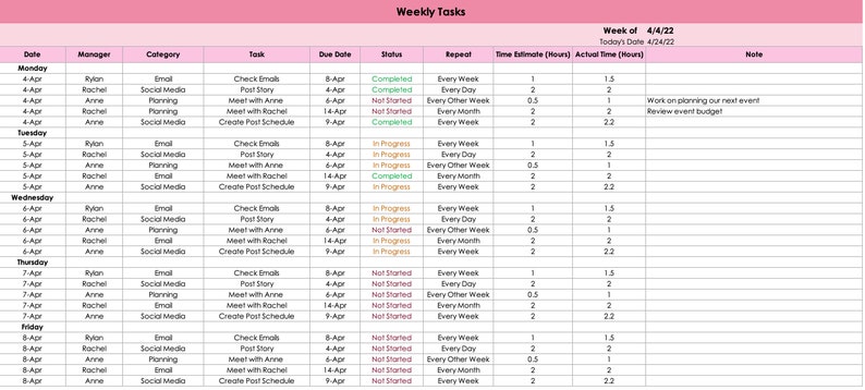 Excel Weekly Task Template, Template Tracking, Excel Virtual Assistant ...