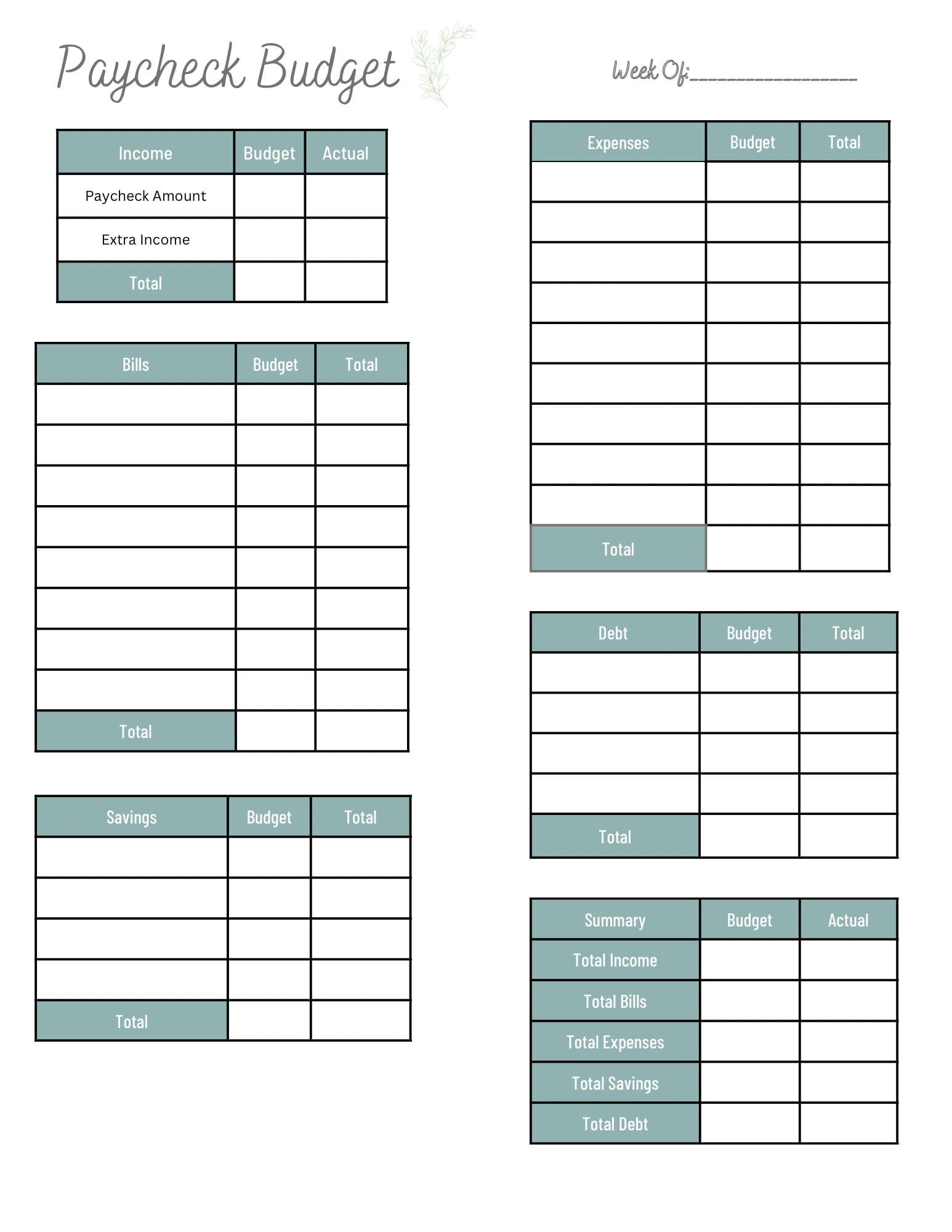 Weekly Budget, Paycheck Budget Overview Template Printable, Paycheck ...