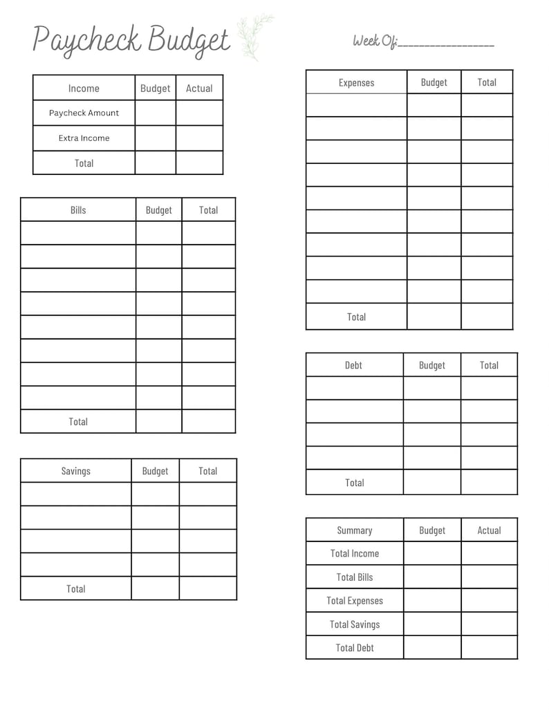 Weekly Budget, Paycheck Budget Overview Template Printable, Paycheck ...