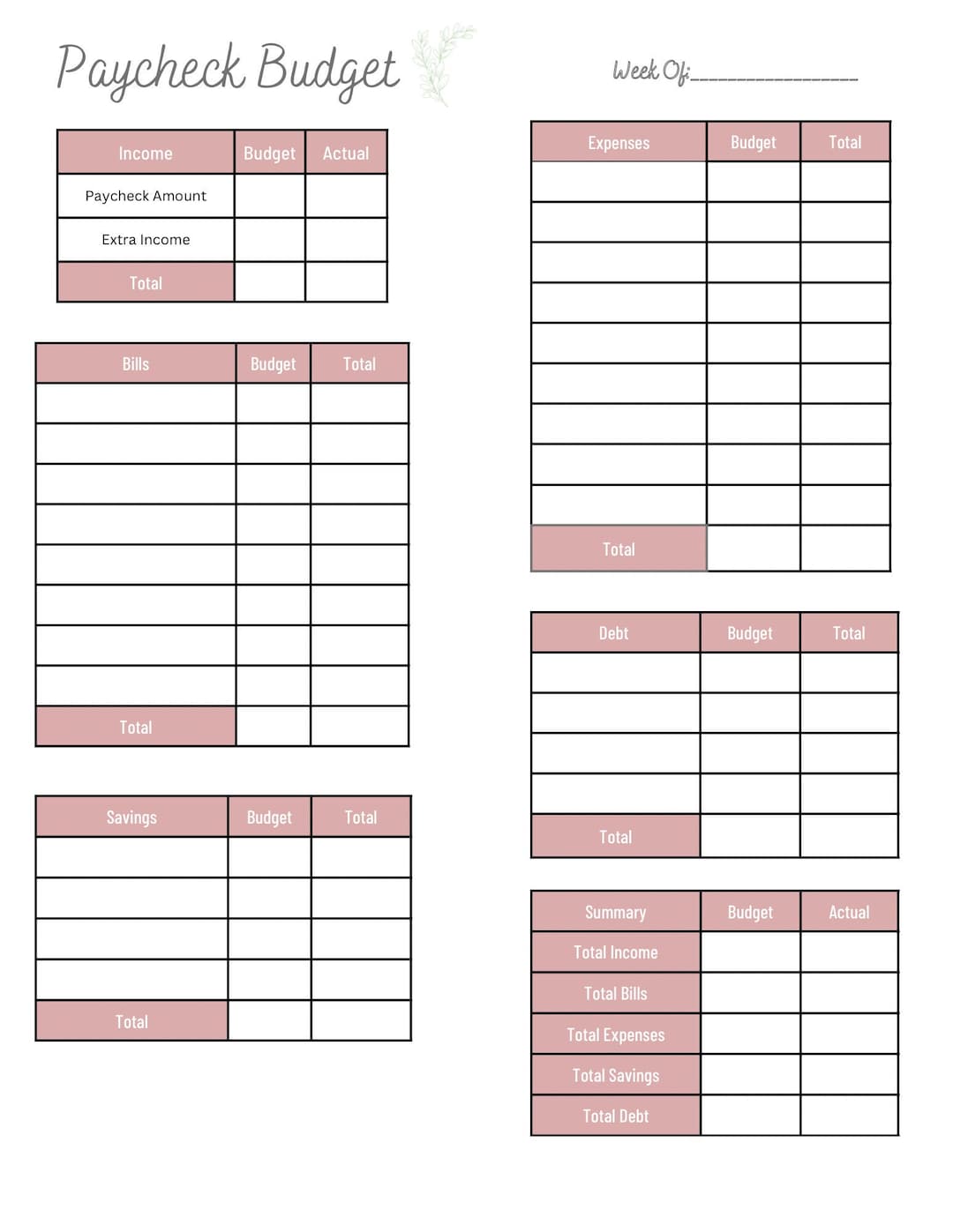 Weekly Budget, Paycheck Budget Overview Template Printable, Paycheck ...