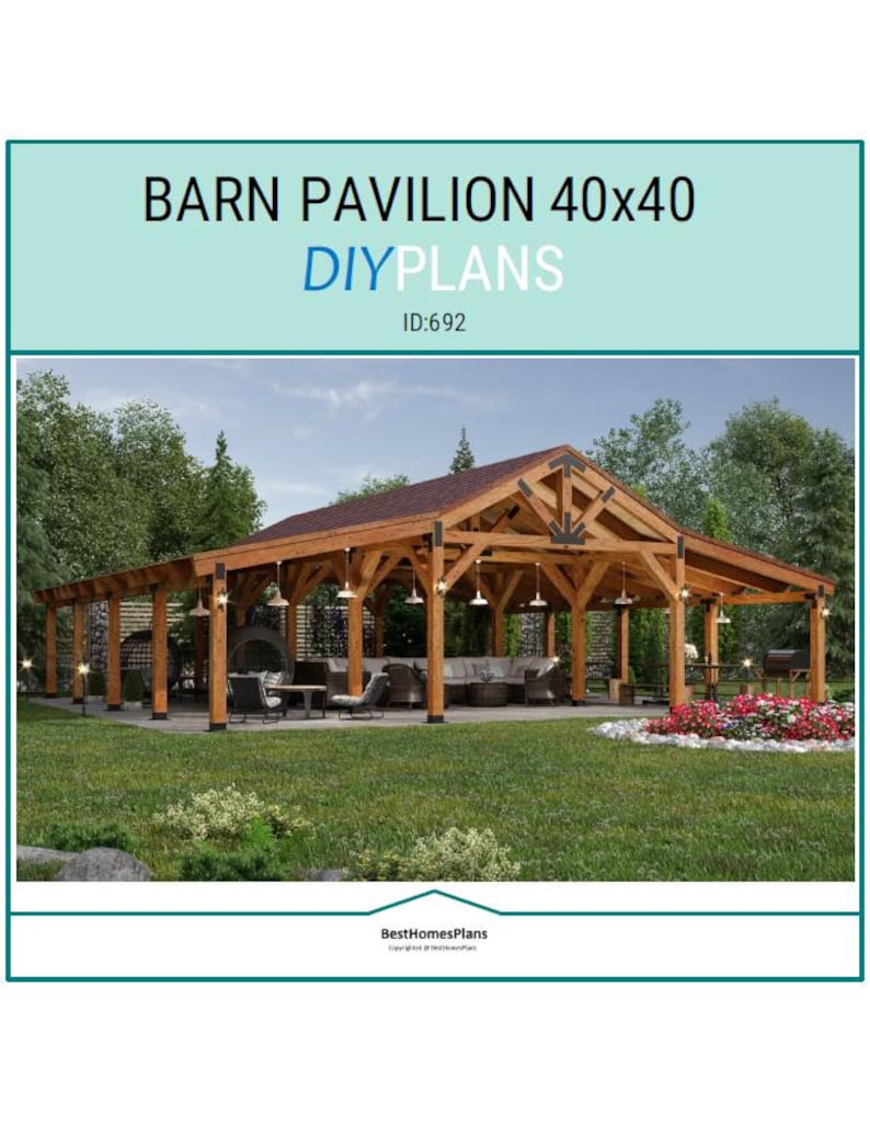 40'x40' Pole Barn Pavilion Plans With Double Lean, Garden Gazebo ...