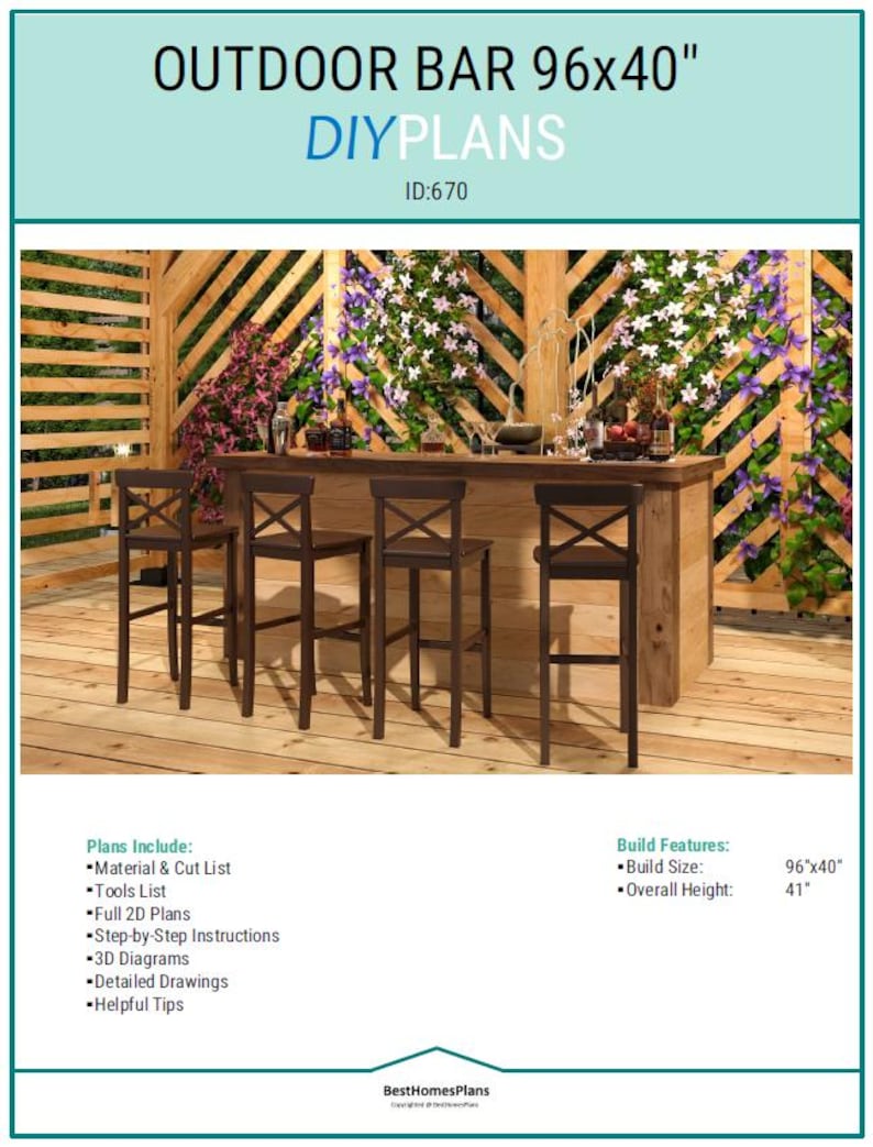 DIY Outdoor Bar Plans – 96"x40" Backyard Bar – Step-by-step Woodworking ...