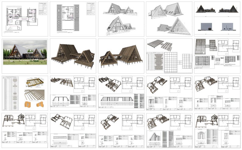 Plano de Casa A-Frame PDF 80'x60' | Doble A-Frame | 4 Dormitorios, 3 Baños | 2 Pisos con Porche ...