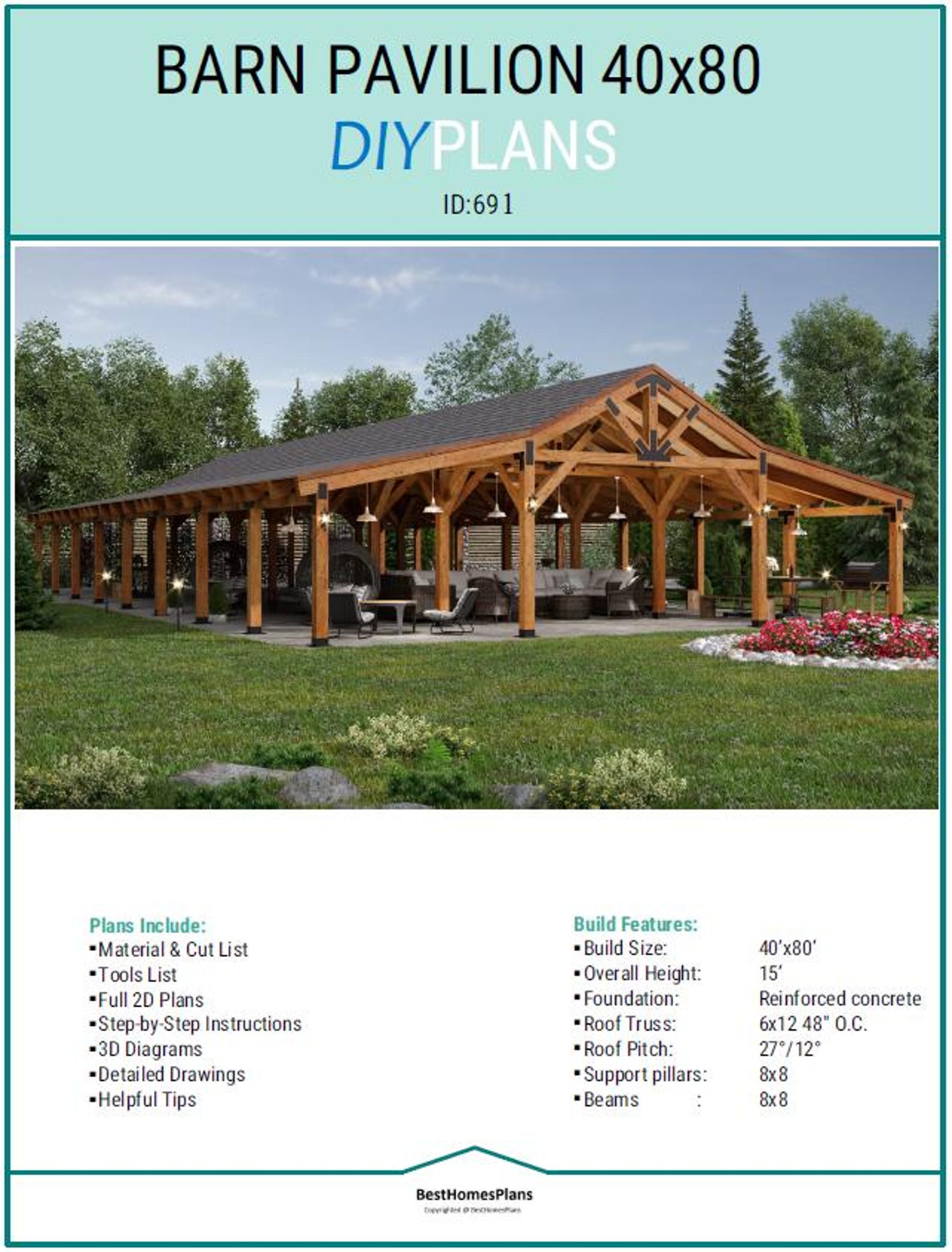 40'x80' Pole Barn Pavilion Plans With Double Lean, Garden Gazebo ...