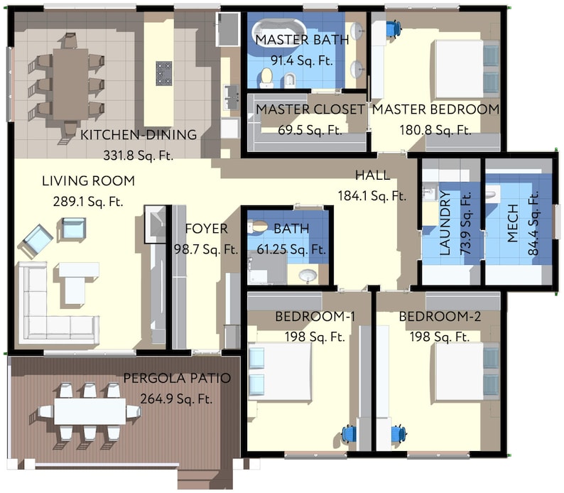 Charming Single-story House Plan 3-bedrooms, 2-bathrooms Architecture ...