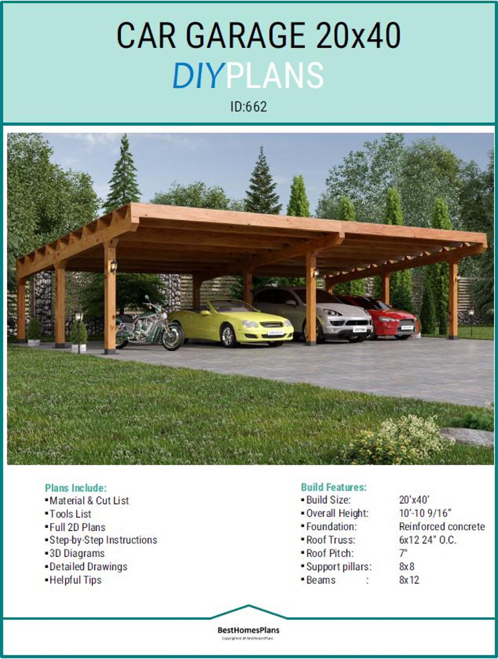 20'x40' 4 Cars Carport Garage Plans and Build Guide | DIY Woodworking ...
