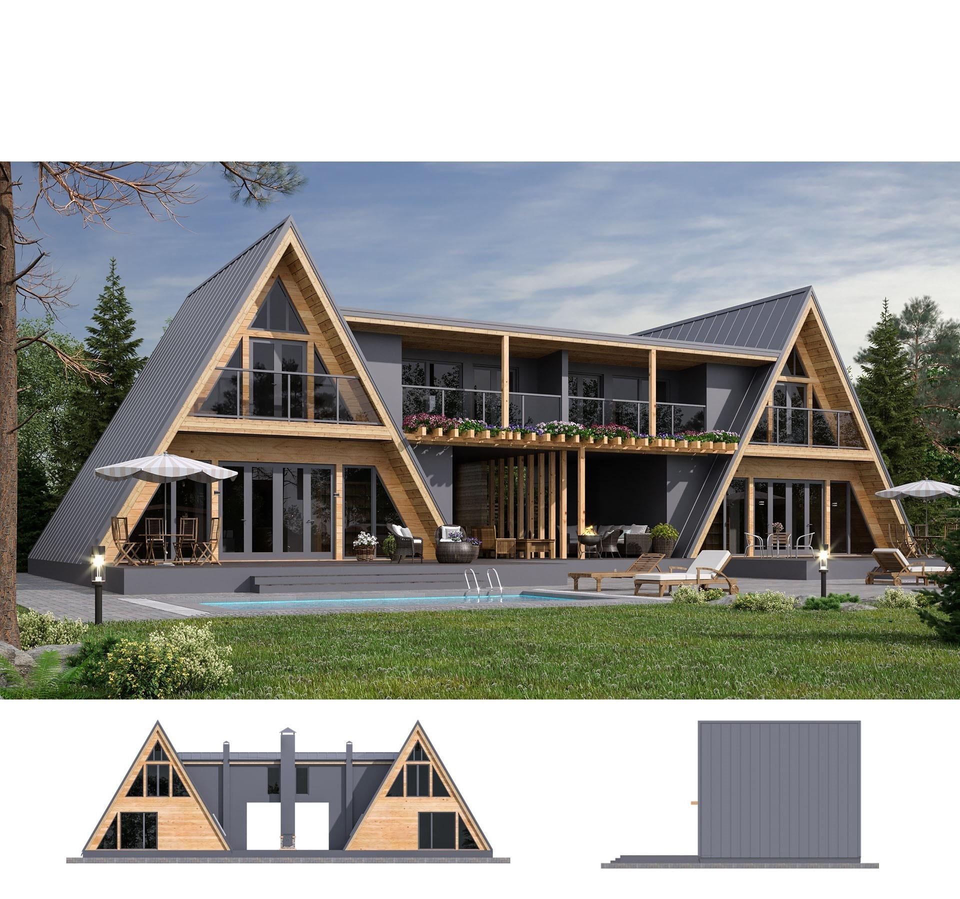 Double A-frame, 4 Bedrooms, 4 Bathroom House Architecture Build Plans ...