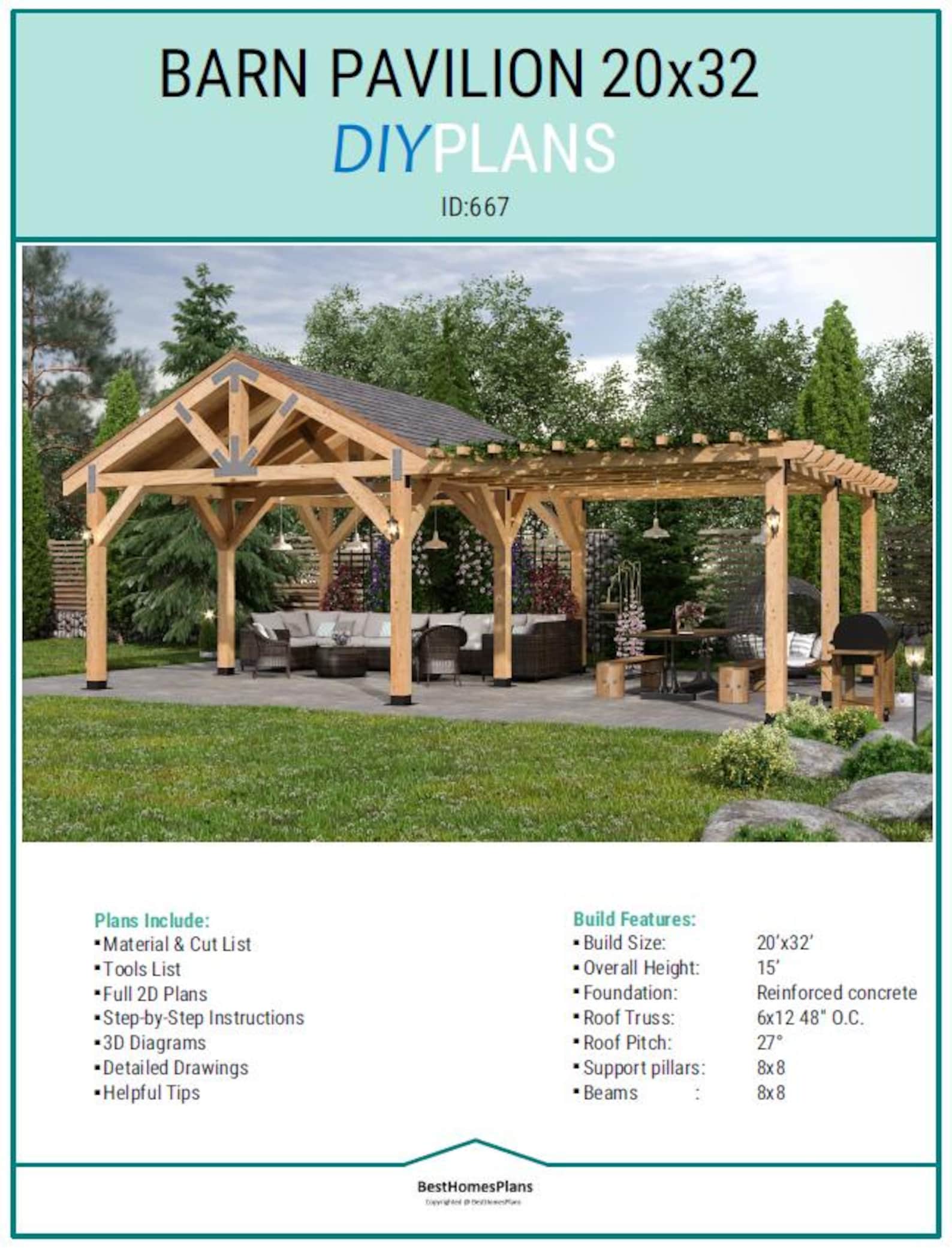 20'x32' Pole Barn Pavilion Plans, Garden Gazebo Blueprints, Backyard ...