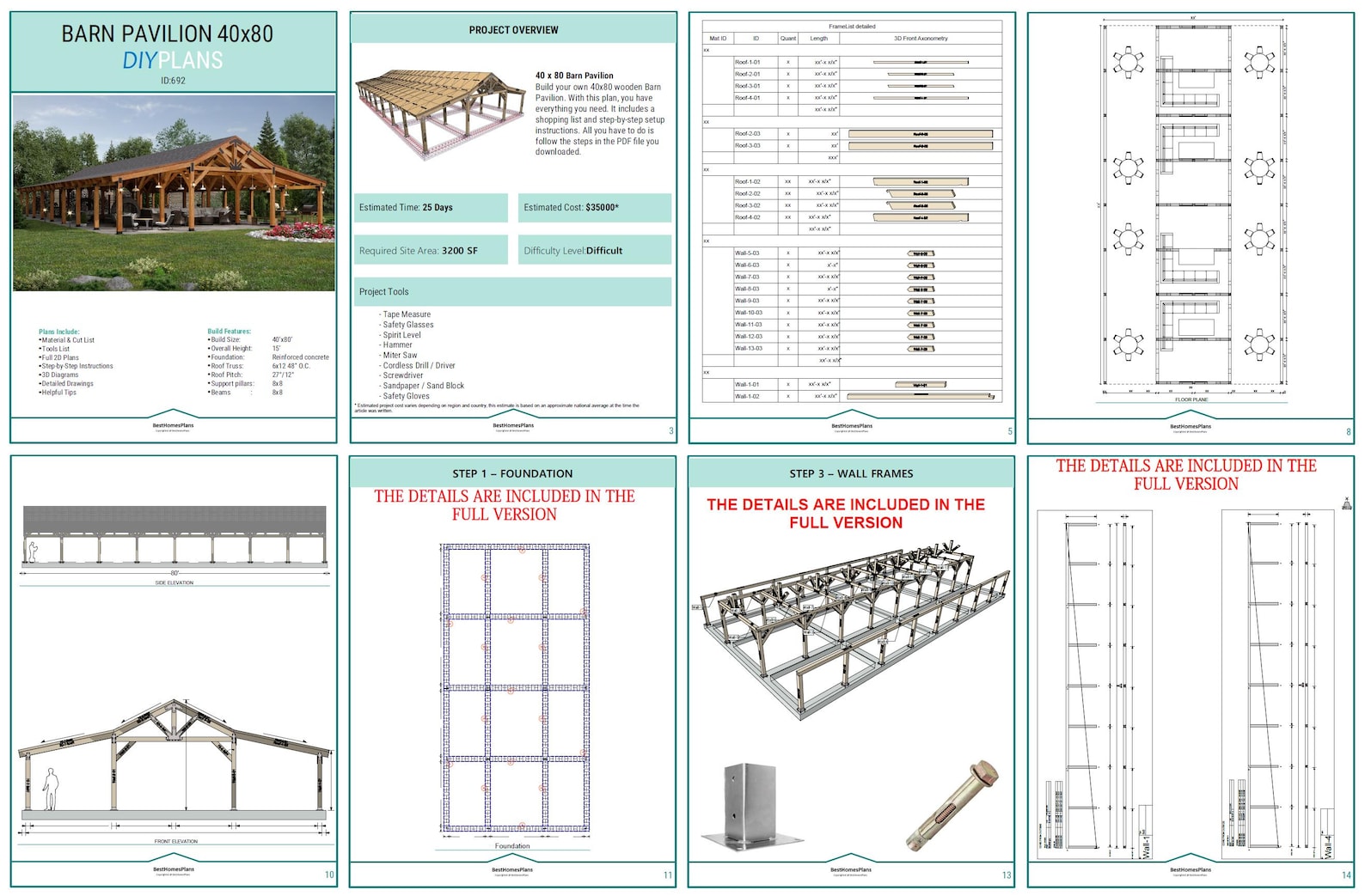 40'x80' Pole Barn Pavilion Plans With Double Lean, Garden Gazebo ...