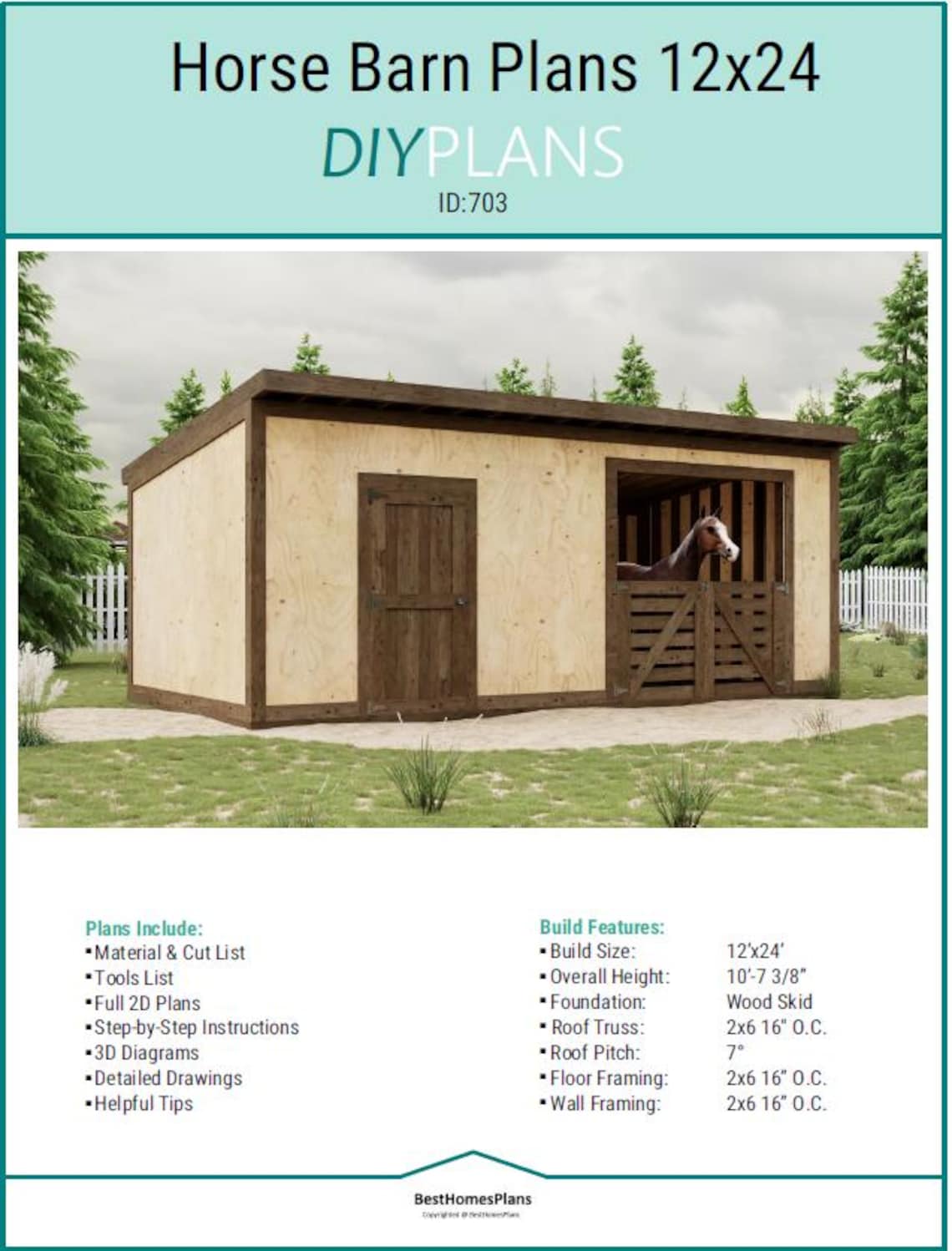 DIY Horse Barn Plans (12x24) – Wooden Stable With Stall and Storage ...