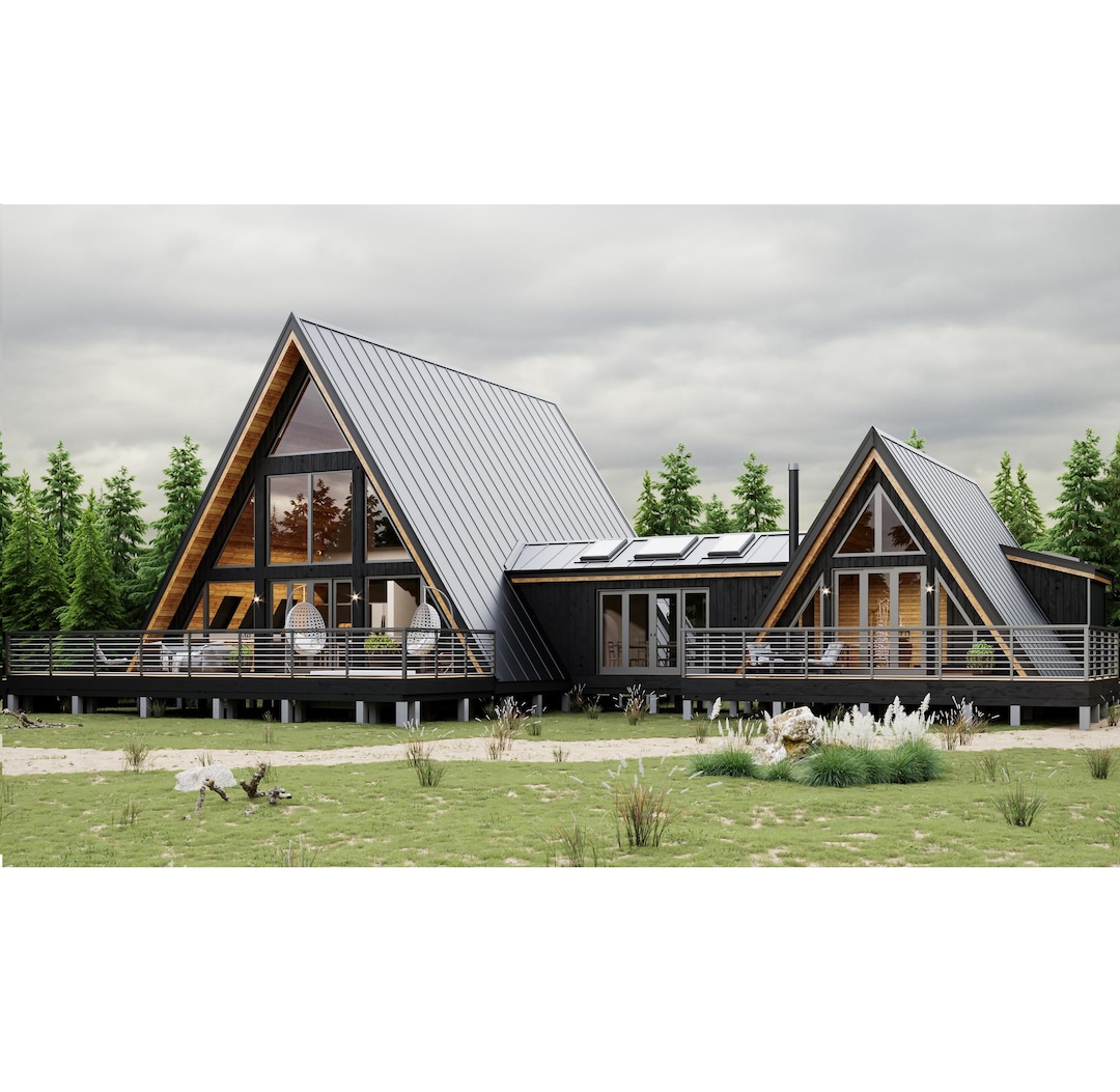80'x60' A-frame House Plan PDF | Double A-frame Cabin Floor Plan | 4 ...