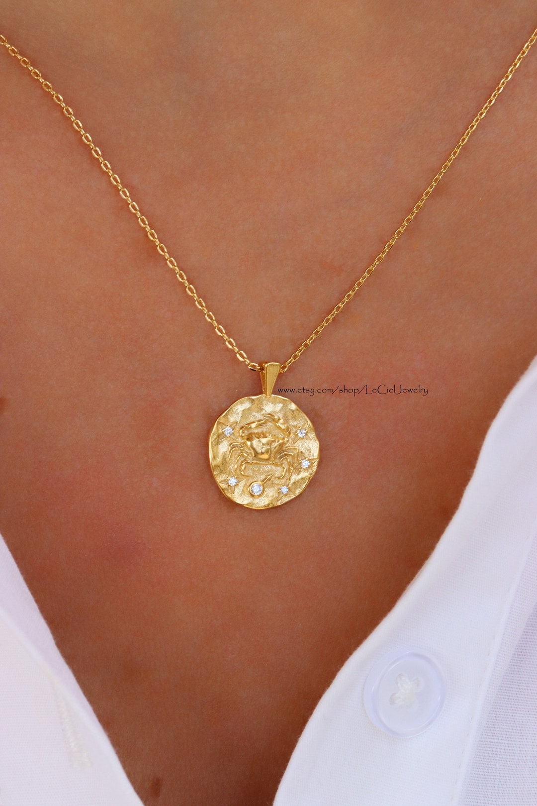 Cancer Zodiac Necklace 18K Gold Dipped Coin Cubic Zirconia Pave Cancer ...