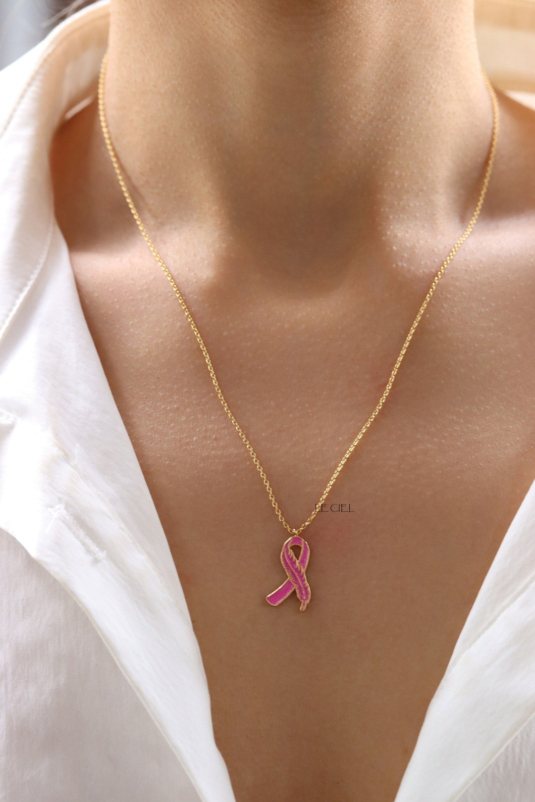 18K Gold-dipped Breast Cancer Awareness Ribbon Charm Necklace ...