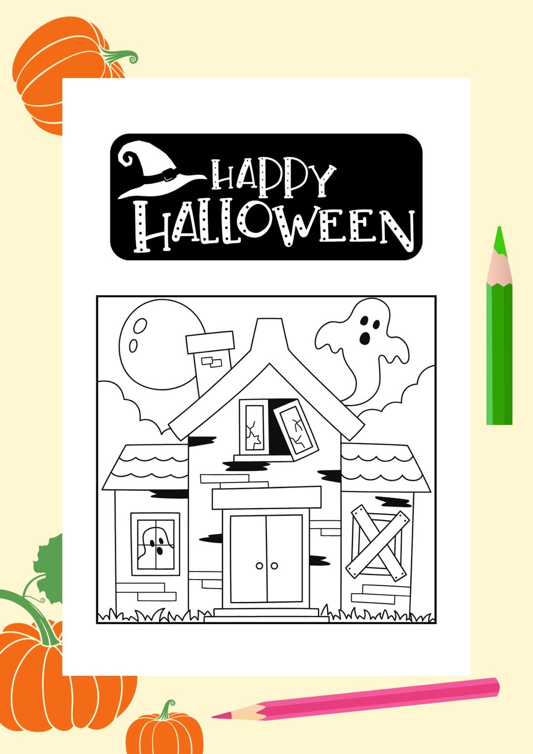 Halloween Spooky House Coloring Page, Digital Halloween Coloring Page ...