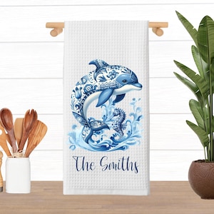 Personalized Chinoiserie Dolphin Kitchen Towel: Beach House Decor ...