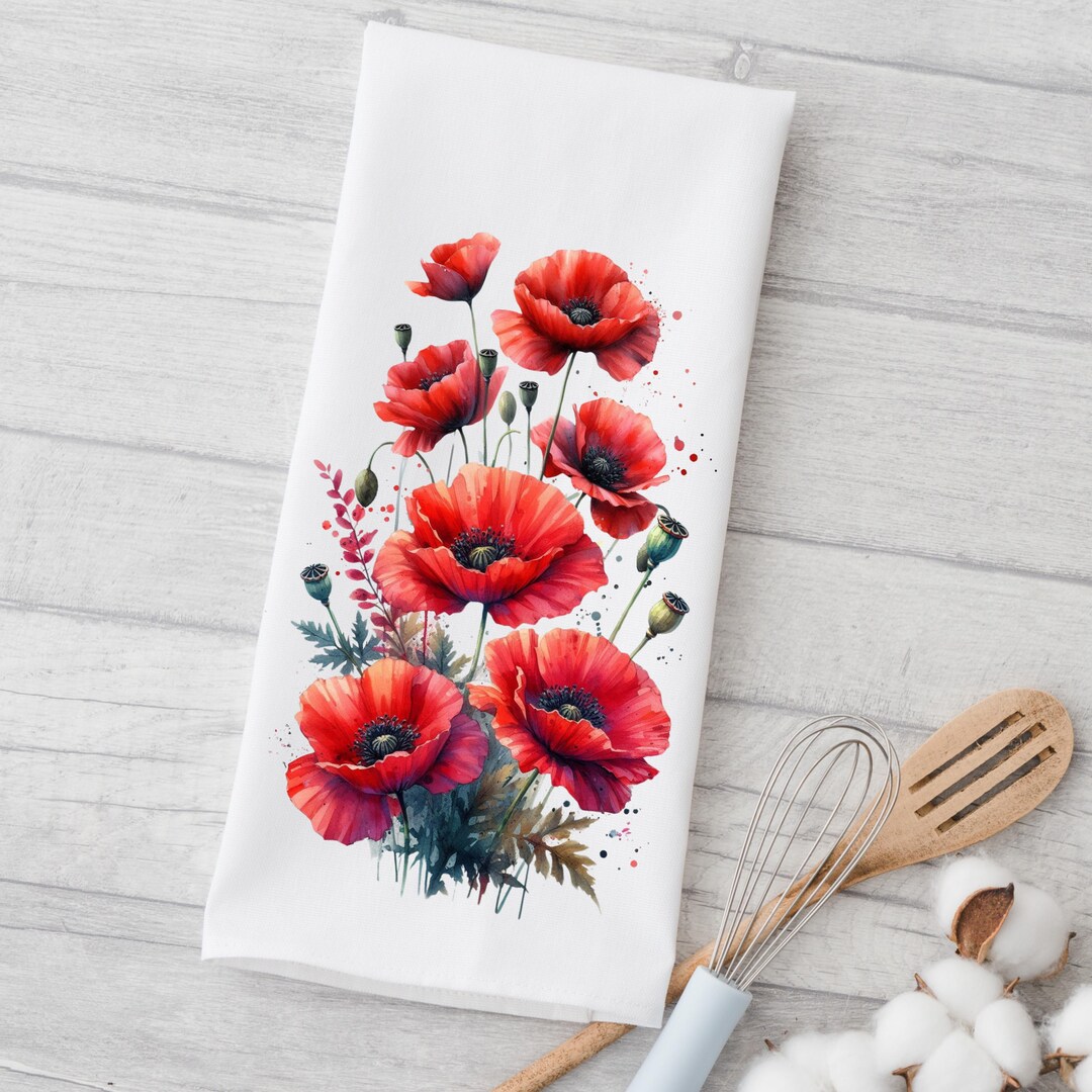 Red Poppy Floral Kitchen Towel: Farmhouse Decor, Cotton or Microfiber ...