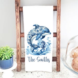 Personalized Chinoiserie Dolphin Kitchen Towel, Custom Sea Horse ...