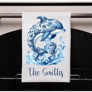 Personalized Chinoiserie Dolphin Kitchen Towel: Beach House Decor ...