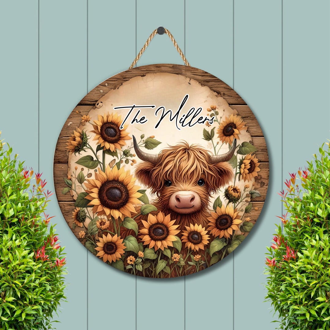 Personalized Highland Cow Door Hanger: Sunflower Welcome Sign - Etsy