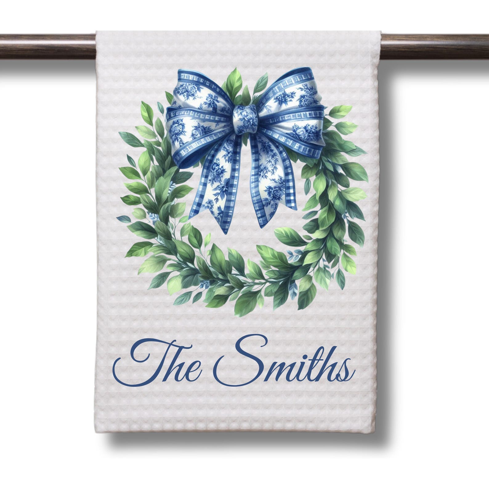 Personalized Chinoiserie Bow Kitchen Towel: Custom Eucalyptus Wreath - Etsy