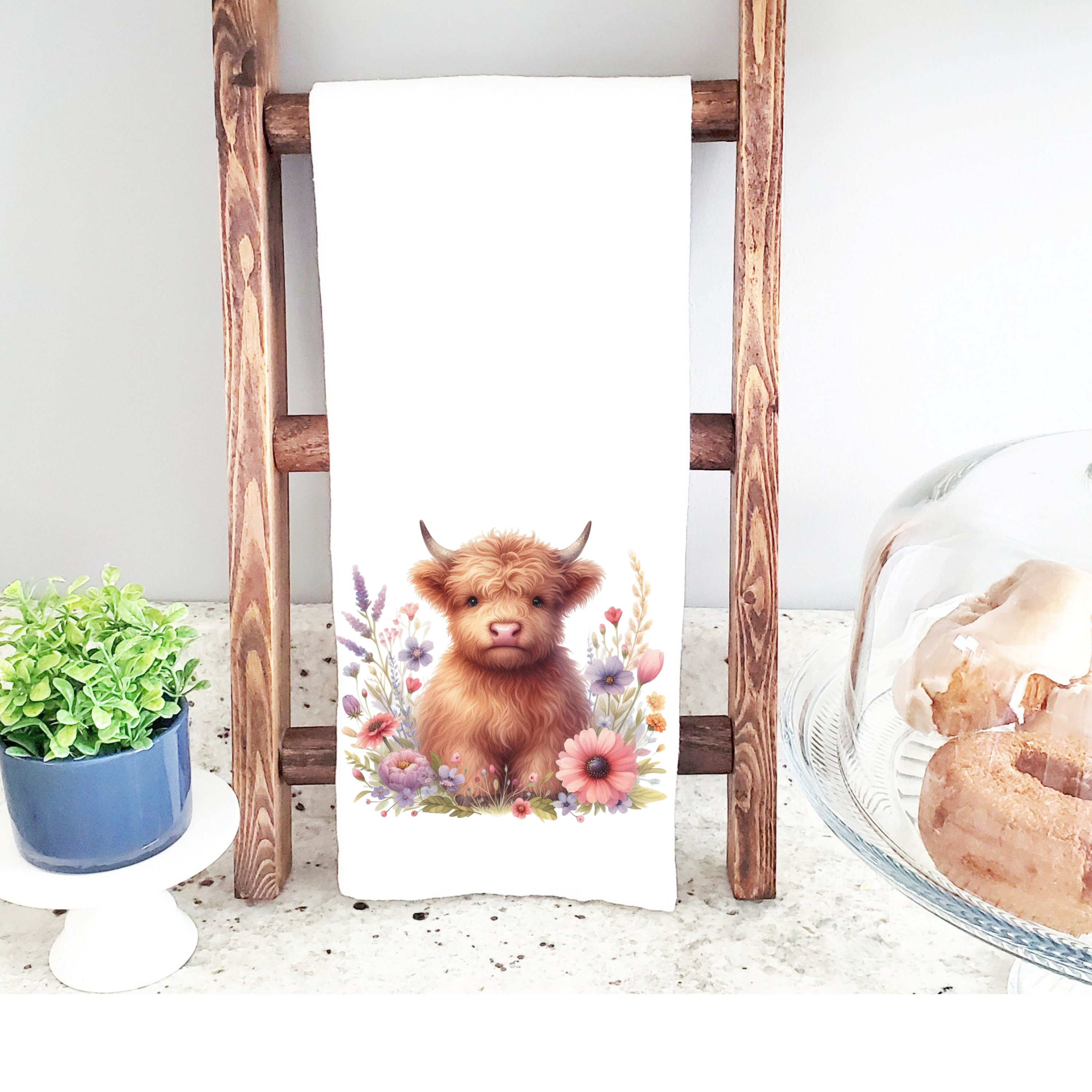 Highland Cow and Wildflowers Watercolor Kitchen Towel, New Home Gift ...