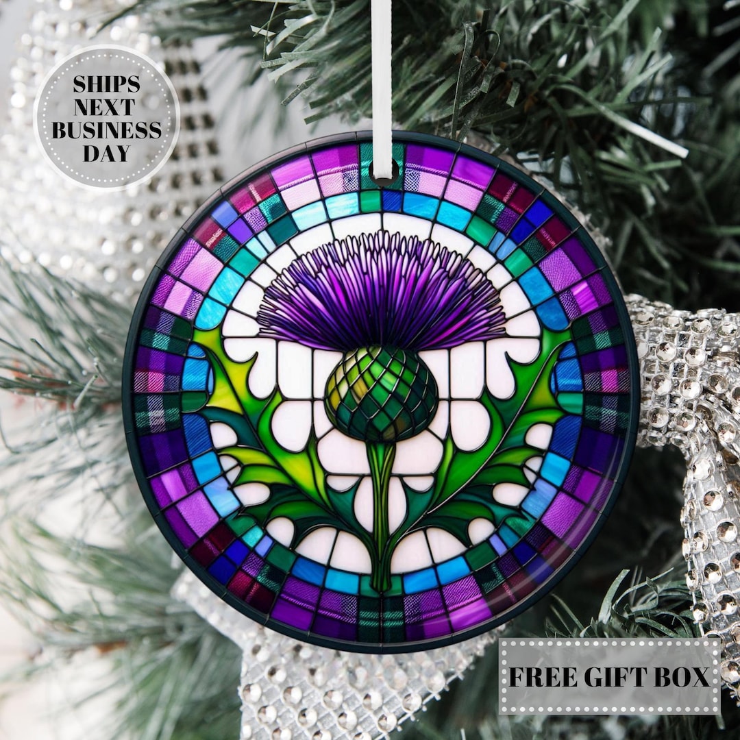 Scotland Thistle Ceramic Christmas Ornament: Celtic Knot Faux Stained ...