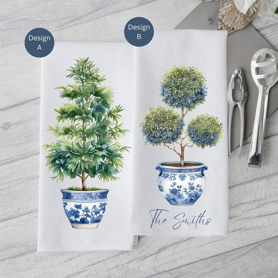 Personalized Toile Chinoiserie Kitchen Towels, Topiary Decorative ...